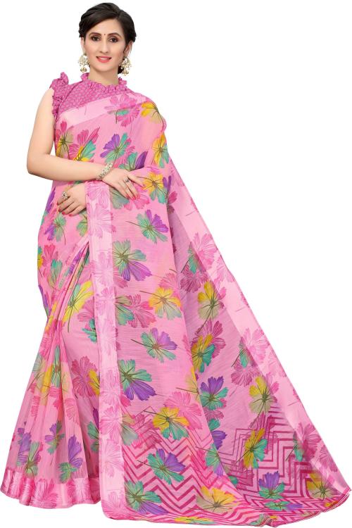 Buy Aadvika Women Pink Printed Satin Single Saree With Blouse Piece ...