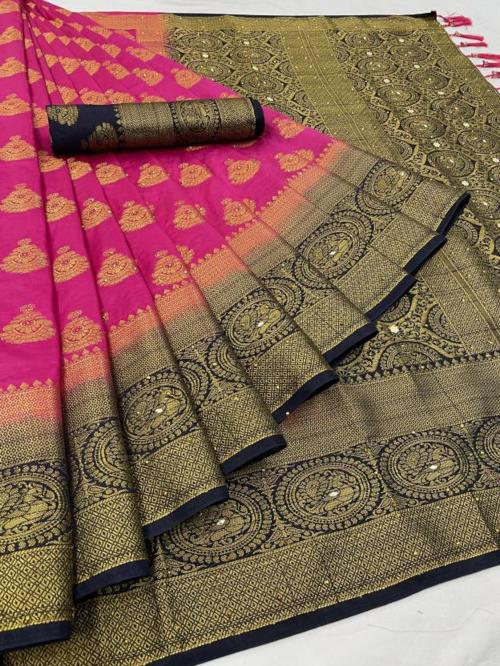 Buy Mansh the stylo..Women Pink, Dark Blue Striped Jacquard Kanjivaram ...