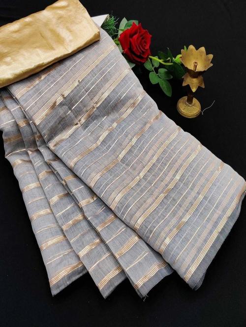 Buy Saree Exotica Grey Cotton Blend Zari Stripes Saree with All Over ...
