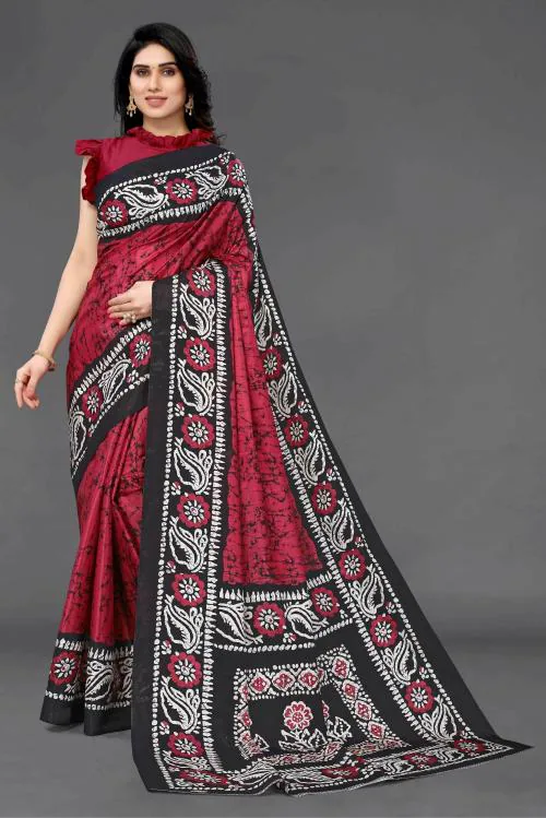 Buy sareya veela Hand Batik Women Maroon Printed Cotton Silk Sarees ...