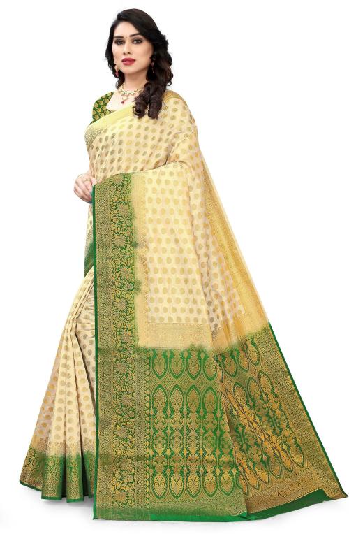 Buy Serona Fabrics Women White Self Design Jacquard Regular Saree ...