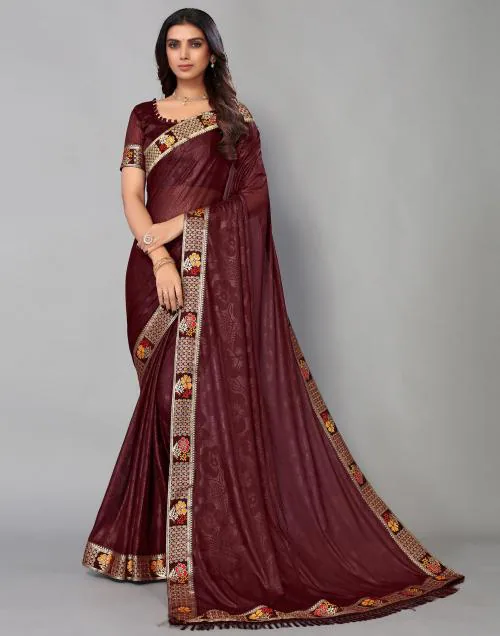 Buy Siril Lycra Blend Brown Color Saree with Blouse piece | sarees for ...