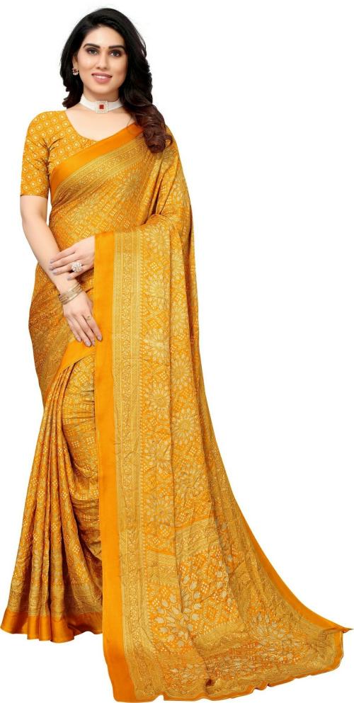 Buy Bandhani Hub Women Yellow Self Design Printed Silk Blend and Chiffon Saree Online at Best ...