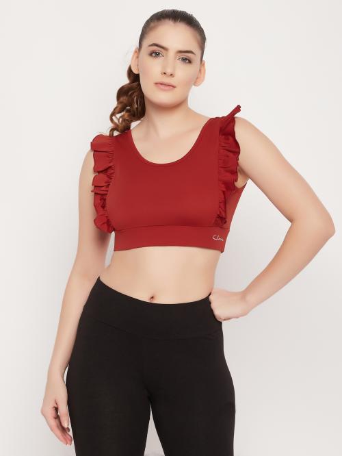Buy Clovia Medium Impact Ruffled Padded Active Sports Bra in Red Online ...