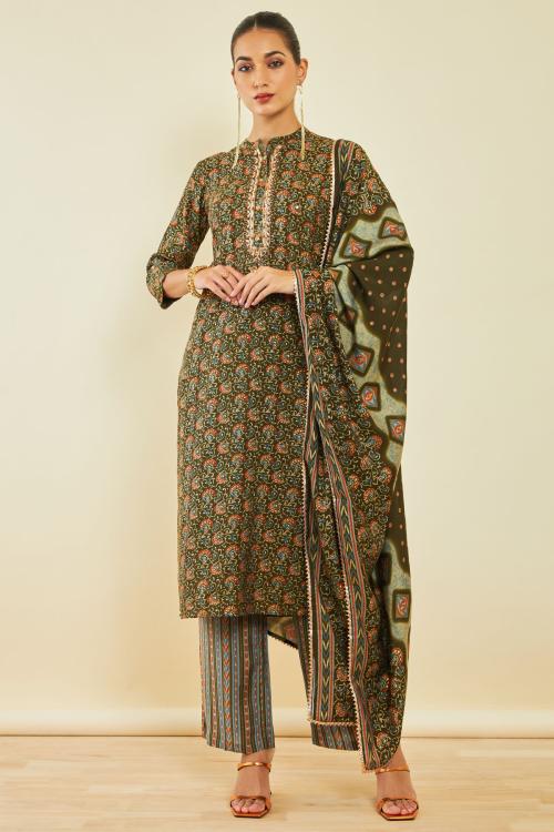 Buy Soch Olive Muslin Suit Set With Floral Print And Hand Embroidery ...