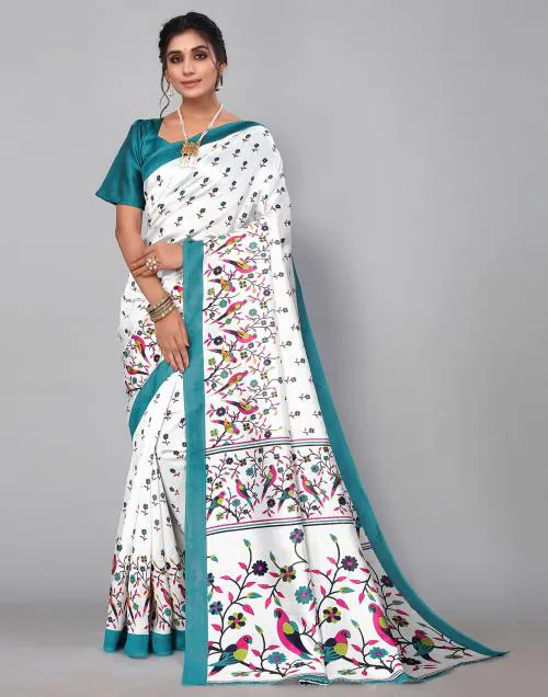 Buy Siril Poly Silk White Color Saree with Blouse piece | sarees for ...