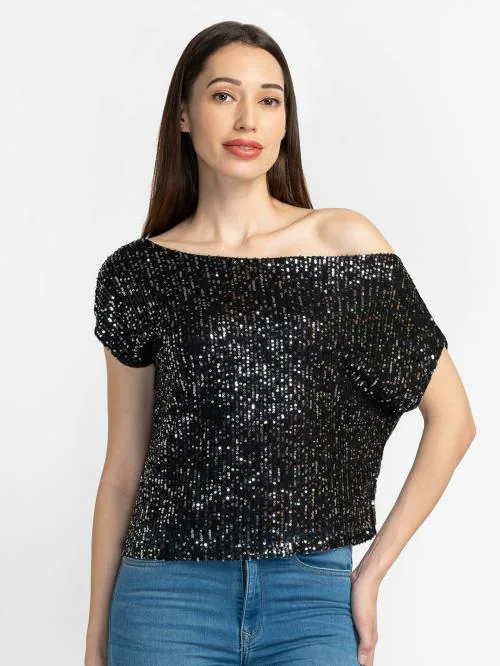 Buy GLOBUS Women Black Embellished Polyester Top Online at Best Prices ...