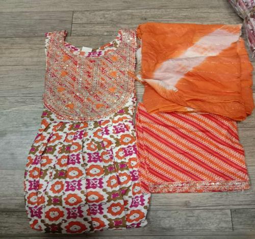 Buy RENE Women Block Printed Anarkali Kurta and Pant Set with Dupatta ...