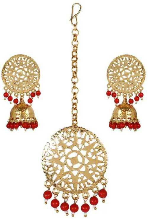 Buy Steorra Jewels Brass, Copper Earring & Maang Tikka Set Online at ...