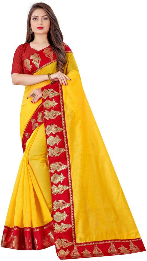Buy Febo Fashion Women Yellow Printed Cotton Blend Single Saree Online ...