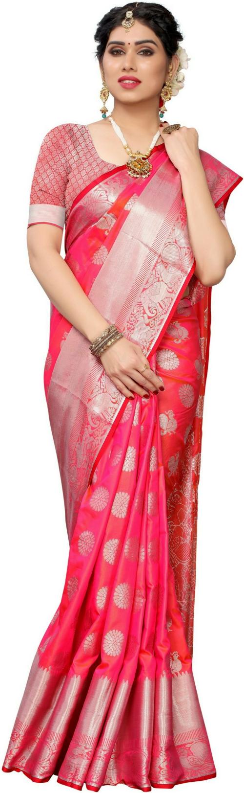 Buy Bandhani Hub Women Pink Woven Silk Blend Jacquard Kanjivaram Saree Online at Best Prices in ...