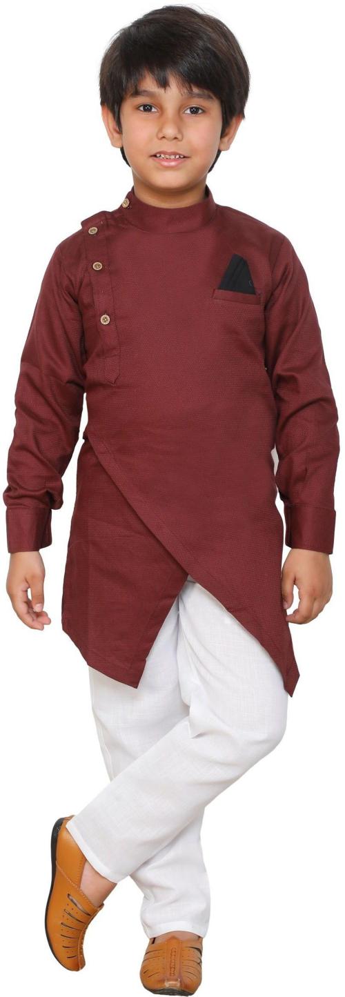 Buy Dkgf Fashion Boys Maroon Solid Cotton Blend Set Kurta and Pyjama ...