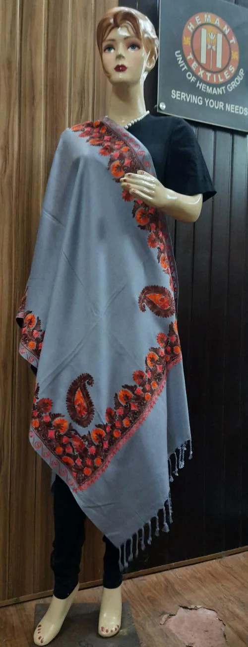 Buy Grey color Authentic aari embroidered kashmiri stole , unisex shawl ...