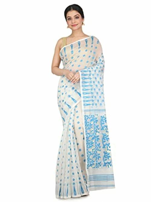 Buy PinkLoom Women White and Blue Woven Pure Cotton Jamdani Saree Without Blouse Piece Online at ...