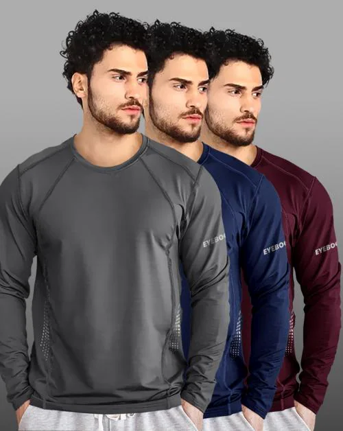 Buy EYEBOGLER Men Solid Round Neck Polyester Full Sleeves Pack of 3 T ...
