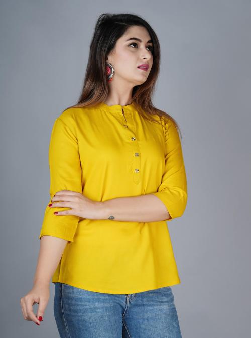 Buy Angarkha Women Yellow Solid Viscose Rayon Regular Top Online at ...