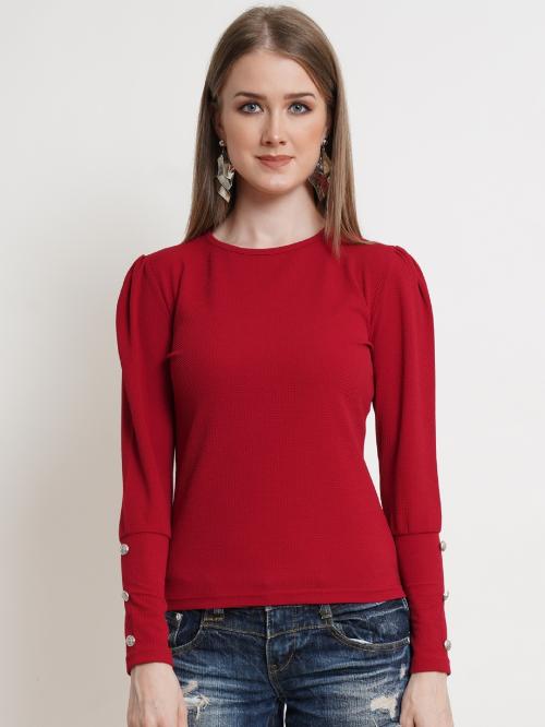 Buy Popwings Button Styling Button Puff Long Sleeves Women Maroon Top ...