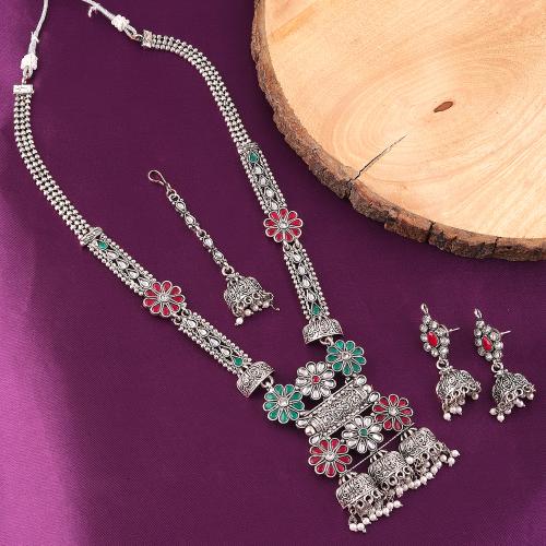 Buy Mansiyaorange German Silver Oxidised Multi Color Kempu Stone Long ...