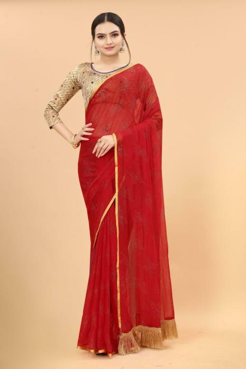Buy Febo Fashion Women Red Self Design Georgette Single Saree Online at ...