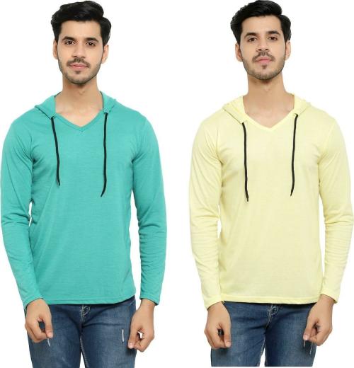Buy Bribzy Men Rama Green, Lemon Solid Cotton Blend Pack of 2 T-Shirt ...