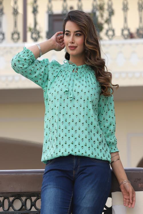 Buy VSUNDRA Rayon Round Neck 3/4 Sleeves Tie-Up String Neckline Floral ...