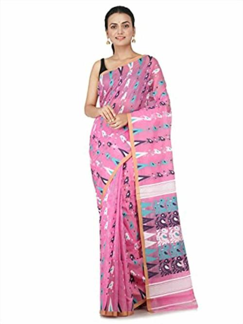 Buy PinkLoom Women Pink Handloom Pure Cotton Jamdani Saree Without Blouse Piece Online at Best ...