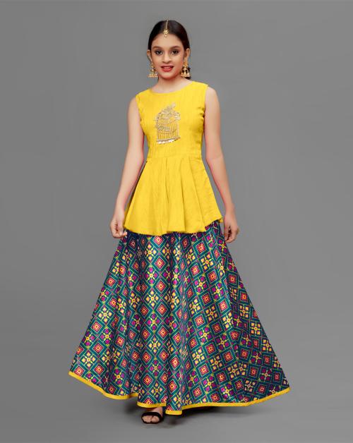 Buy Fashion Dream Girls Yellow Patch Work Satin Lehenga Choli Set ...