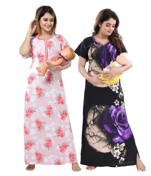 Glam World Women Multicolor Printed Satin Nighty Combo- Free Size (Pack ...