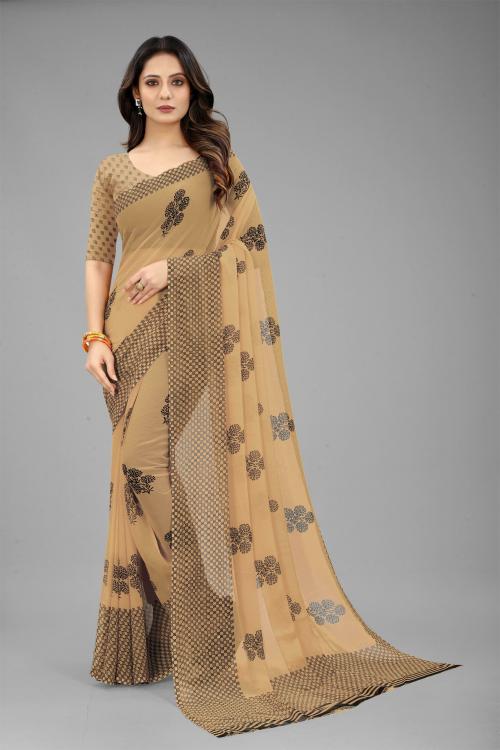 Buy NISHA CREATION Women Beige Floral Chiffon Single Saree Online at ...