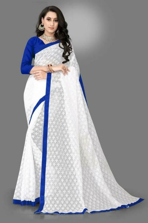 Buy VANRAJ CREATION Women White and Blue Self Design Net Saree Online ...