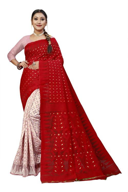 Buy Parvani Woven Jamdani Cotton Silk Saree (Red, Pink) Online at Best ...