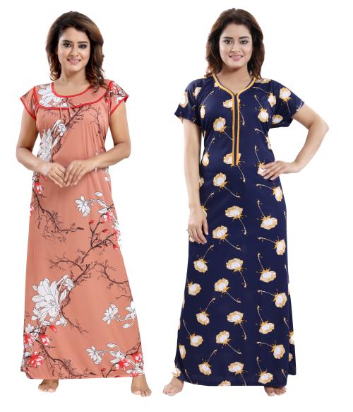Buy Glam World Women Multicolor Printed Satin Nighty Combo- Free Size ...
