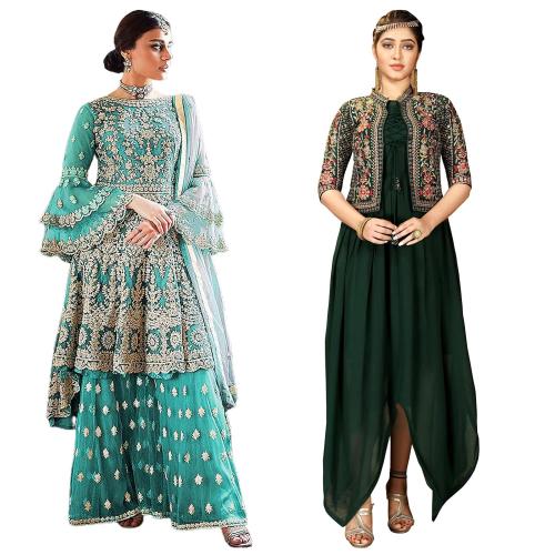 Buy SAAHMRIGA Women Firozi, Green Embroidered Net Set Of 2 Kurta ...
