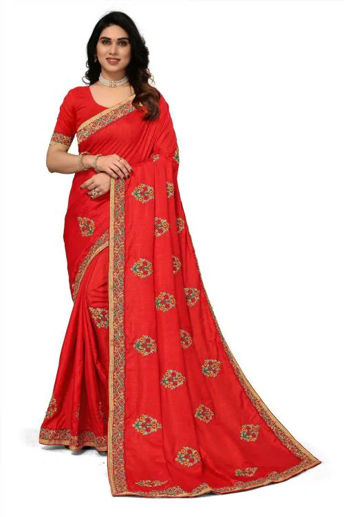 Buy Febo Fashion Women Red Embroidered Art Silk Single Saree Online at ...