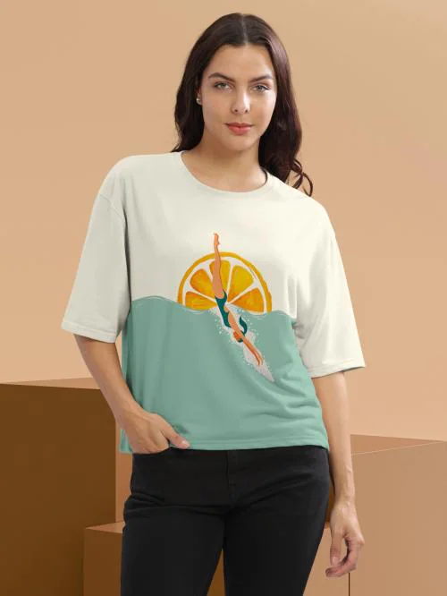 Buy HELLCAT Cream Printed Loose Fit Crew-Neck Crop T-Shirt for Women ...