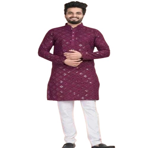 Buy CLOTHINK HUB Men Embroidered Cotton Blend Solid Long Kurta (Regular ...