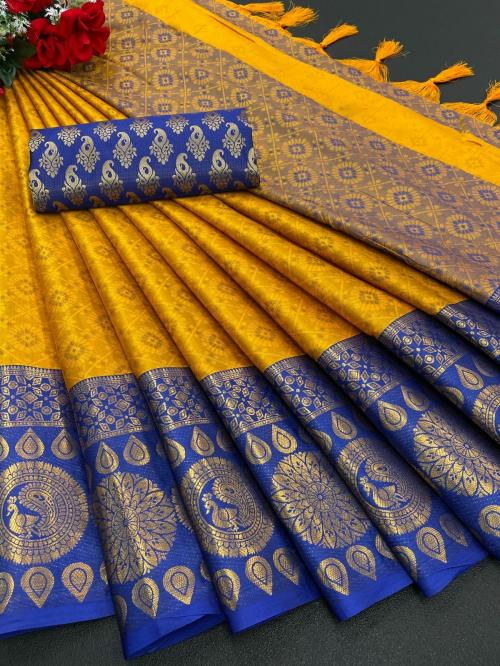 Buy VARNI FABRICS: A Lady's First Love Rich Cotton Jacquard Silk Mustard Color weawing Work ...