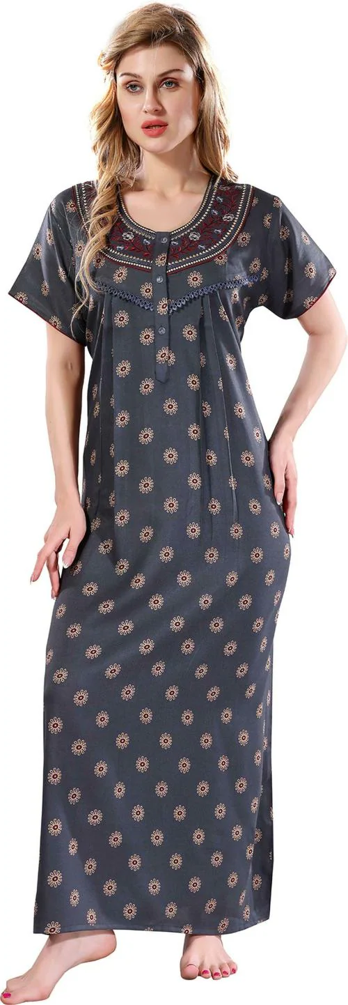 Buy Be You Women Grey Floral Cotton Blend Nighty Online at Best Prices ...