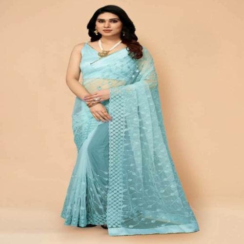 Buy Zarukha Embroidered Bollywood Net Saree (Light Blue) Online at Best ...