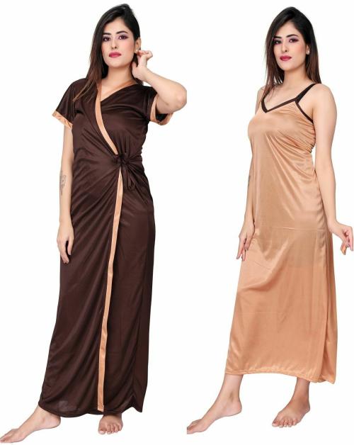 Buy BAILEY SELLS Women Beige and Brown Solid Satin Blend Nighty with ...