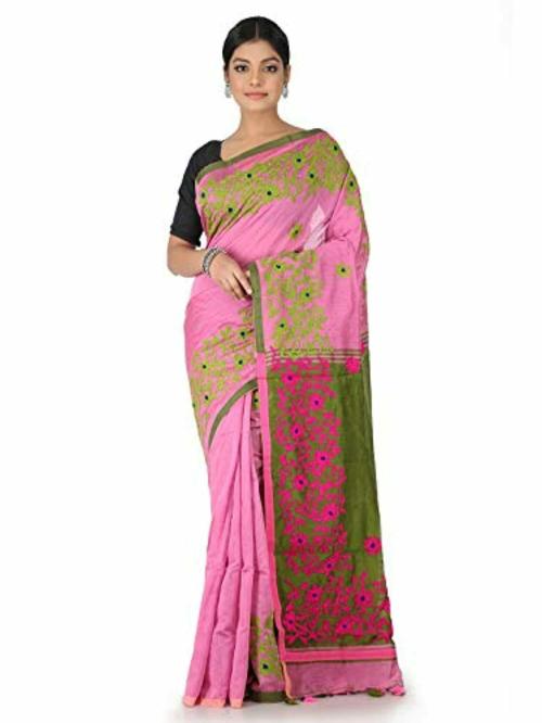 Buy PinkLoom Women Pink Embroidered Pure Cotton Jamdani Saree with Blouse Piece Online at Best ...