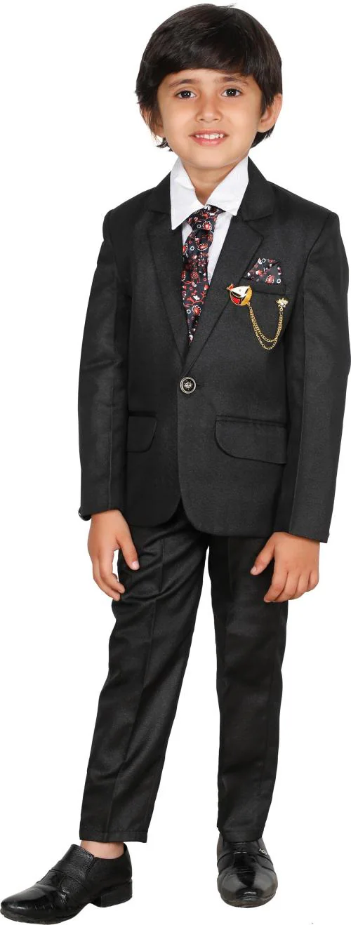 Buy Dkgf Fashion Boys Black Solid Cotton Blend Coat Pant, Tie And Shirt ...
