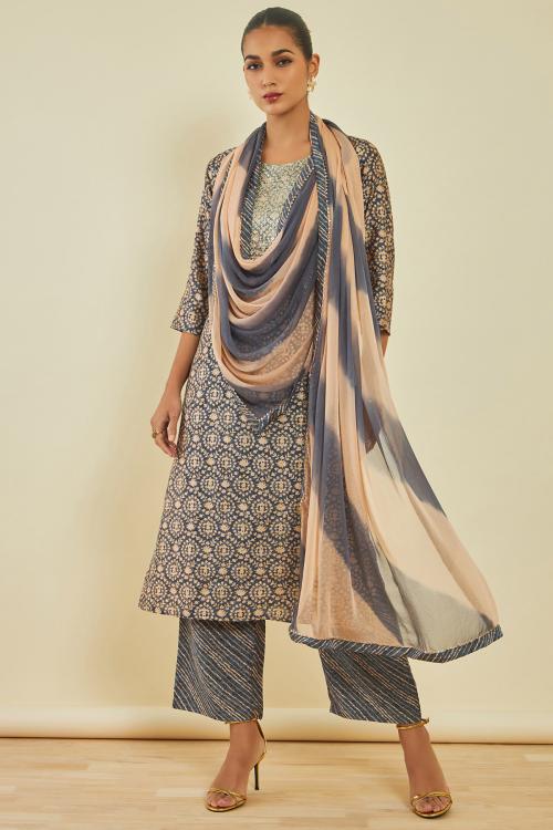 Buy Soch Grey Muslin Suit Set With Printed Designs And Embroidery ...