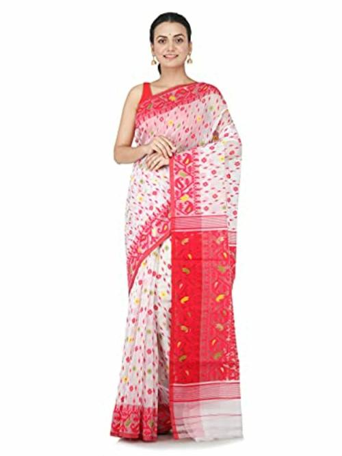 Buy PinkLoom Women Red and White Handloom Pure Cotton Jamdani Saree Without Blouse Piece Online ...
