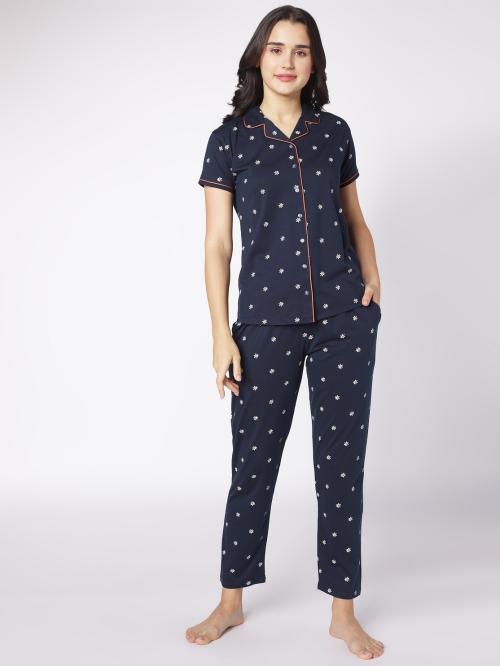 Buy Beebelle Women's Cotton Floral Printed Navy Shirt & Pyjama Night ...