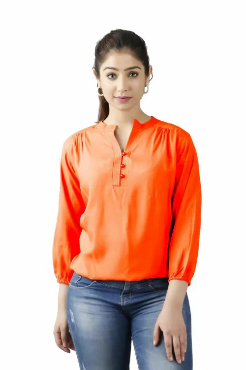 Buy VSUNDRA Rayon Mandarin Neck 3/4 Sleeves Button Neckline Solid ...