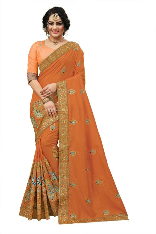 Buy N V Patel Women Orange Embroidered Silk Blend Bollywood Saree ...