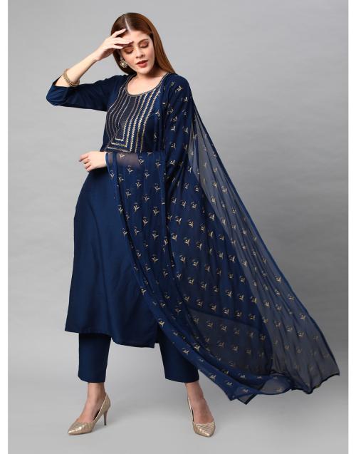 Buy Anni Designer Women Navy Blue Straight Printed Kurta With Trouser ...