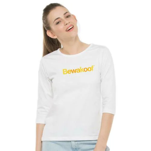 Buy Bewakoof Women's White Logo Round Neck 3/4th Sleeve T-shirt Online ...