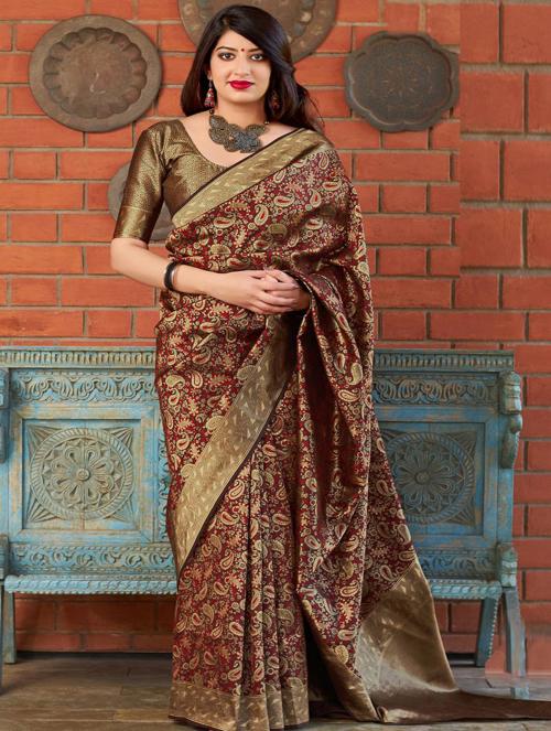Buy DESI BUTIK Alluring Banarasi Silk Brown Party Wear Saree for Women ...